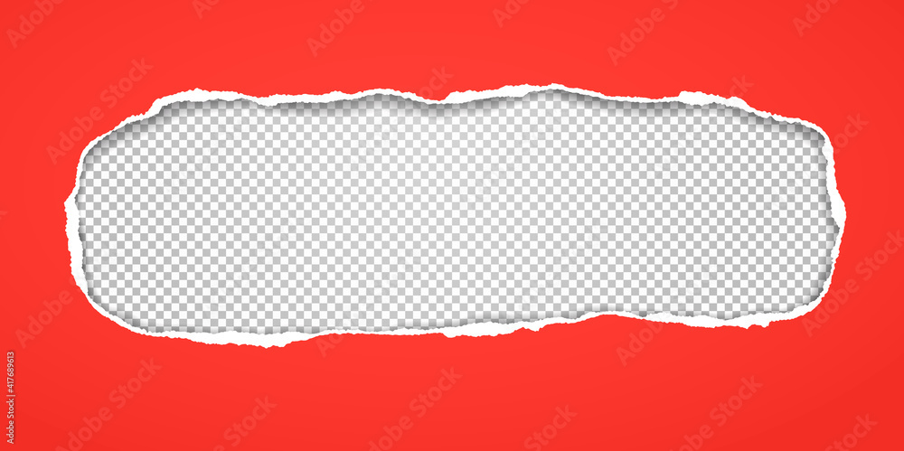 Oval, oblong hole composition in red paper with torn edges and soft ...