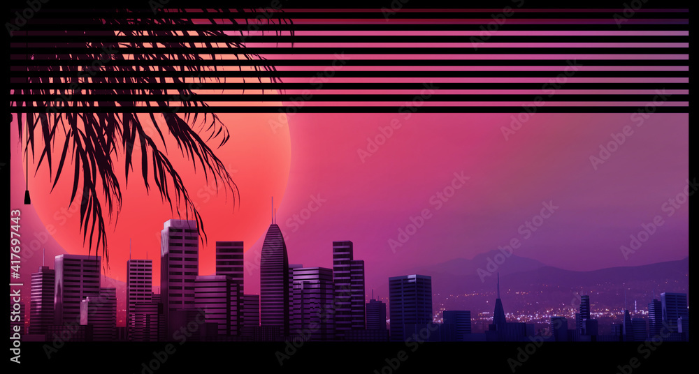 Looking through a retro window, concept. New retro wave city graphic ...