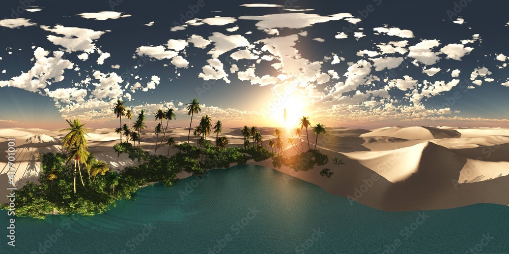 Oasis at sunset in a sandy desert. Environment map. HDRI . equidistant ...