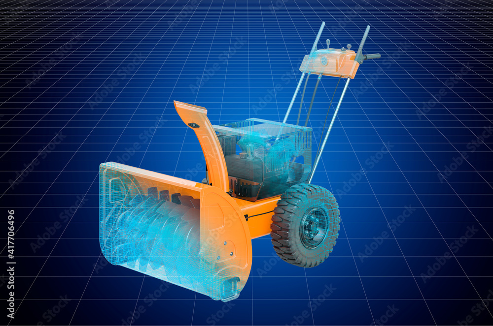 Visualization 3d cad model of snow blower, blueprint. 3D rendering ...