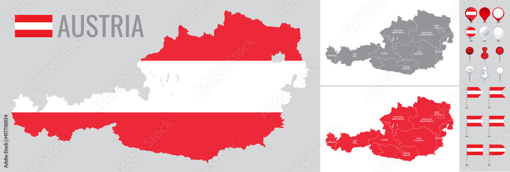 Austria vector map with flag, globe and icons on white background Stock ...