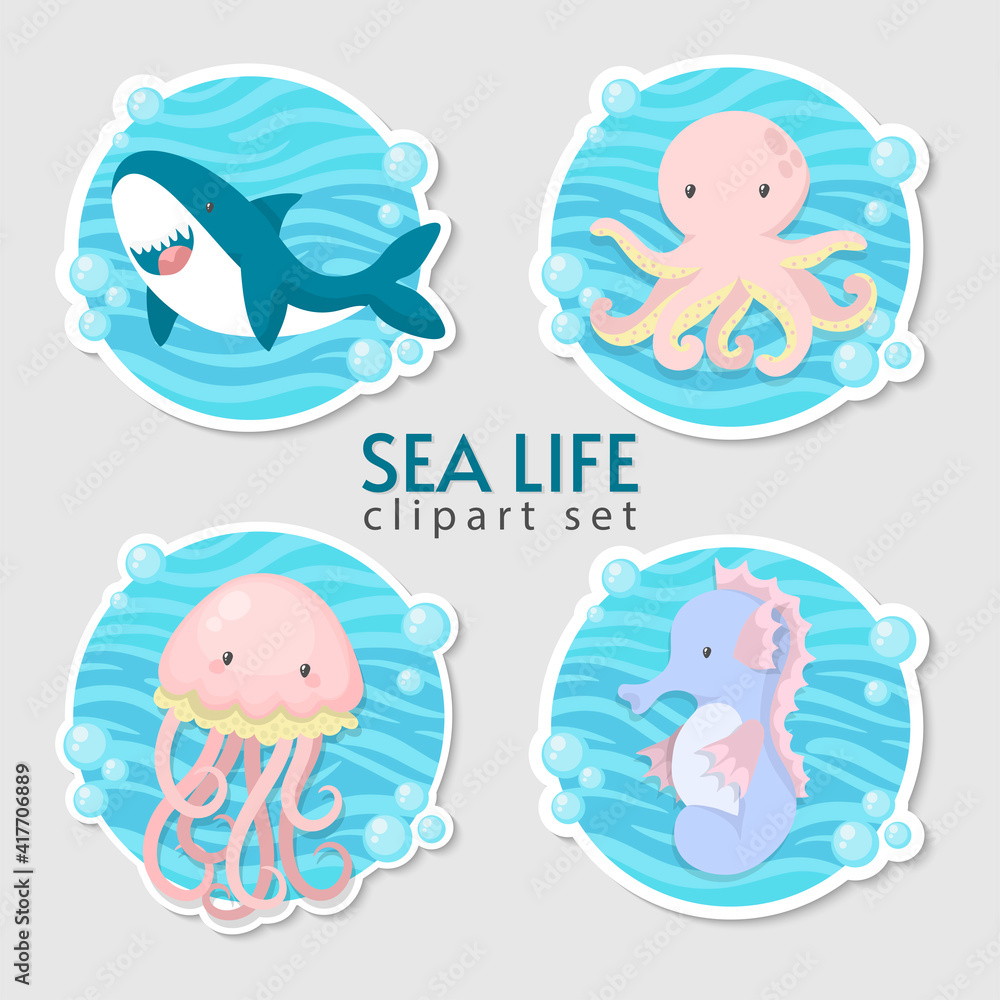 Cute cartoon sea animals set. Vector cliparts. Children Fashion. Stock ...