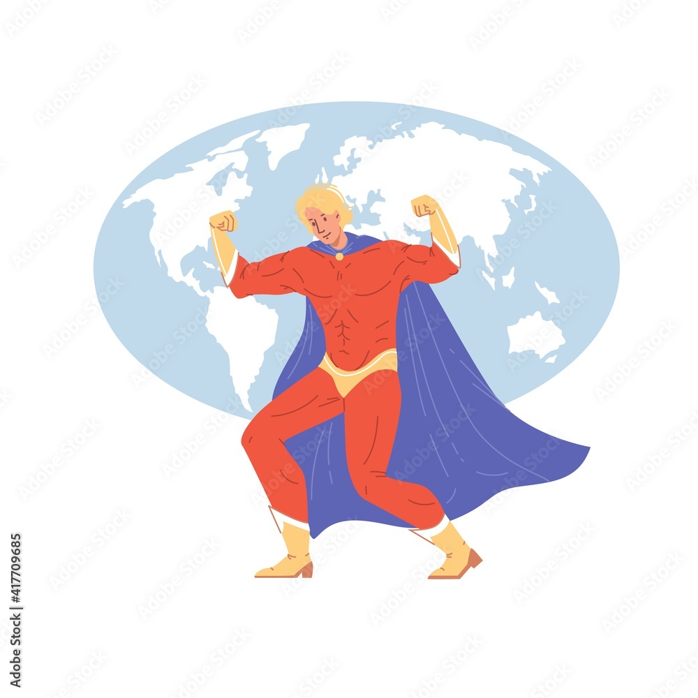 Vector cartoon flat superhero character in cape protecting humanity ...