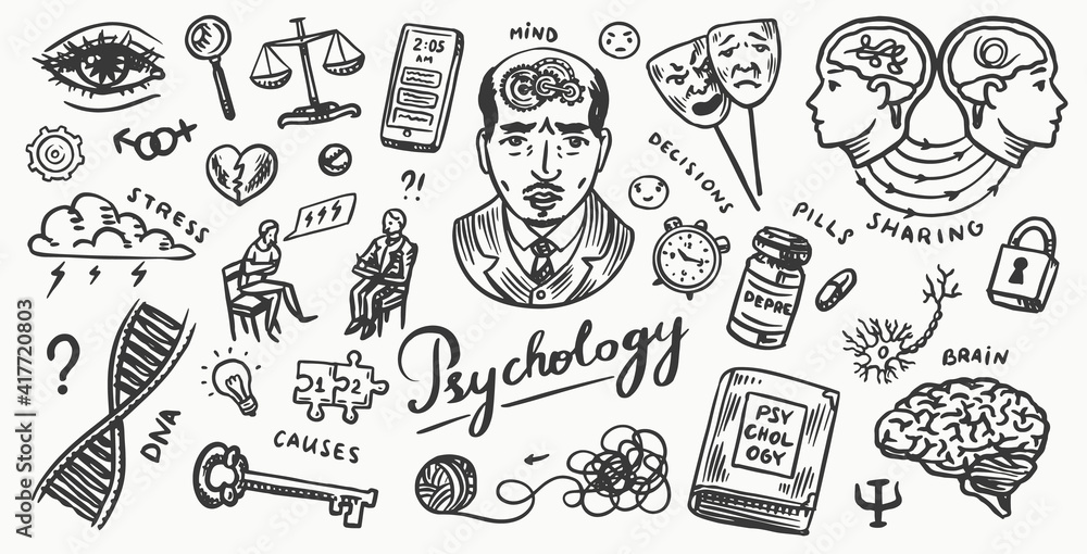 Psychology science poster or banner. Psychologist online. Clew and dna ...