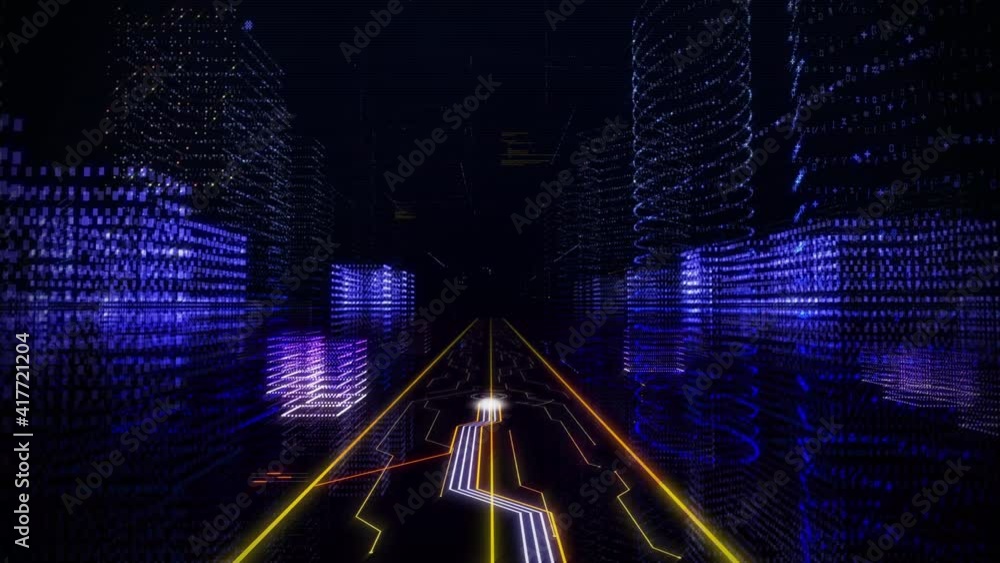 Inside an innovative computer-simulated world. Neon lights. Symbols in ...