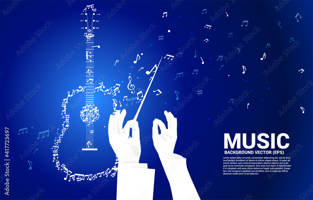 Vector silhouette of conductor hand with music melody note dancing flow ...