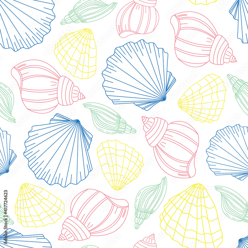 Seamless pattern of hand drawn sea shells, oysters, conches. Marine ...