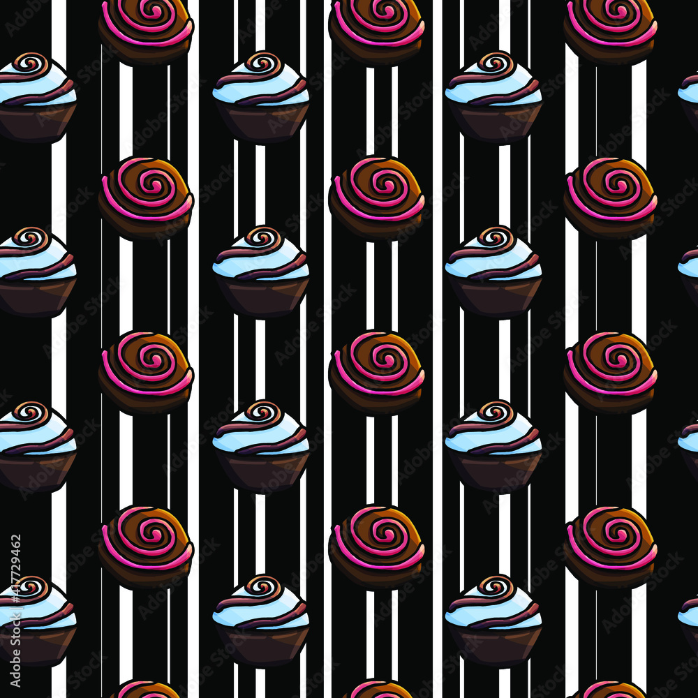Set of candies on black and white stripes, cartoon style, truffle ...