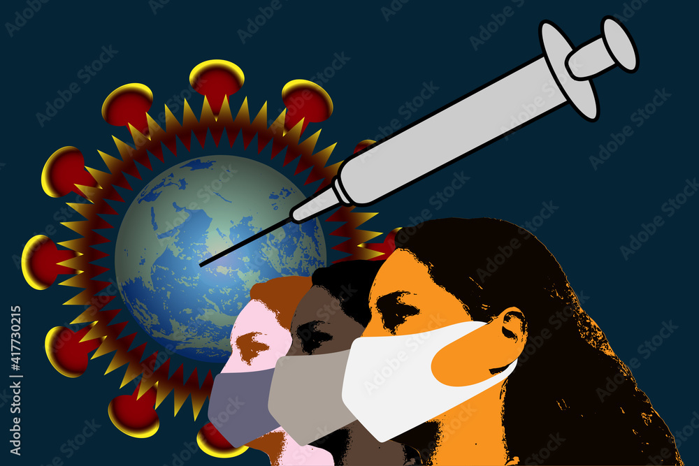 Vector illustration about coronavirus vaccination. Three female ...