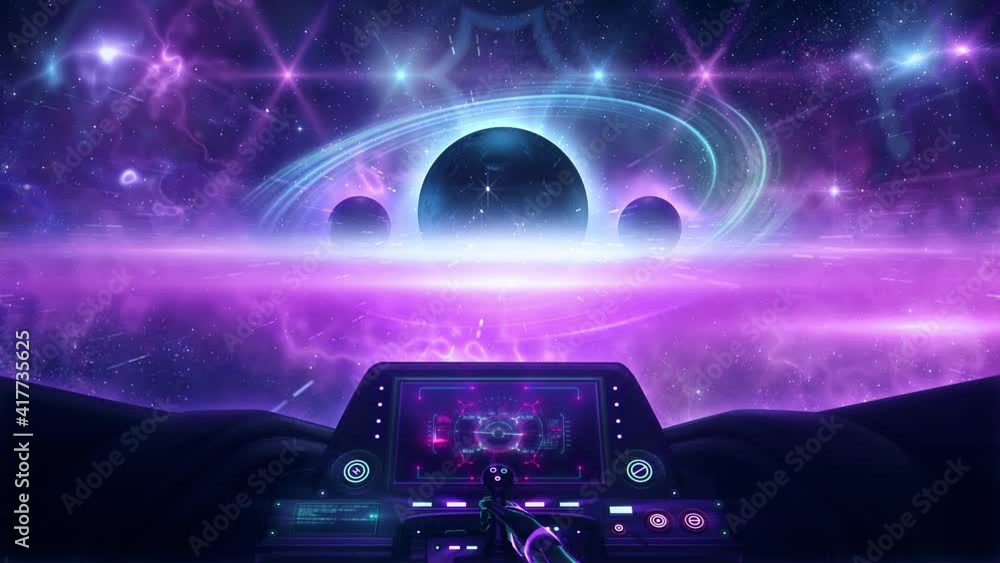 3D Synthwave Spaceship and Planets VJ Loop Motion Graphic Background ...