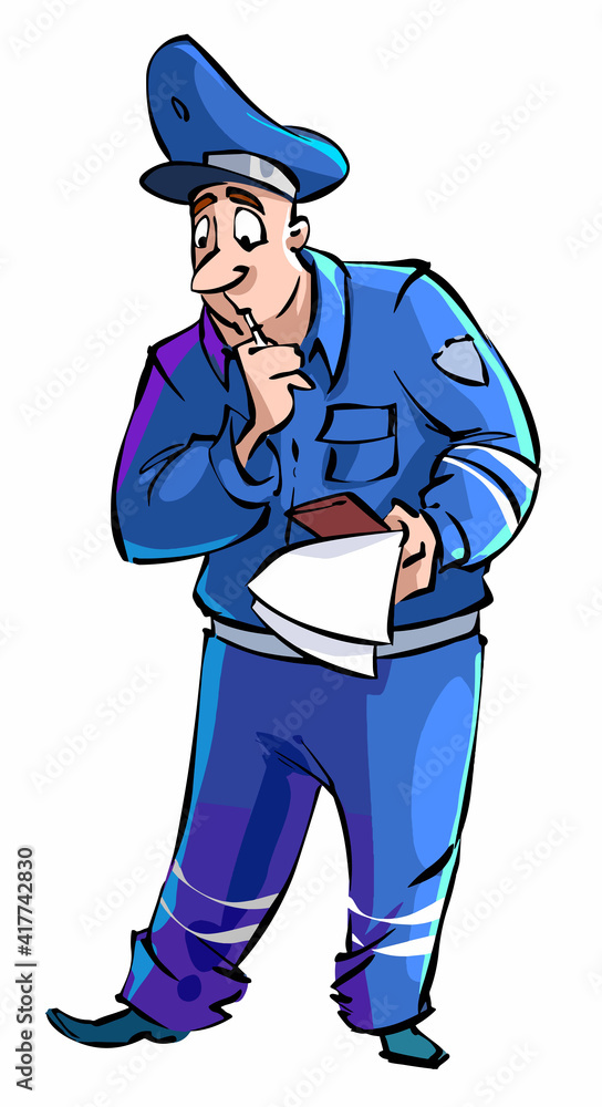 Cartoon traffic cop checks documents and thinks about it Stock Vector ...