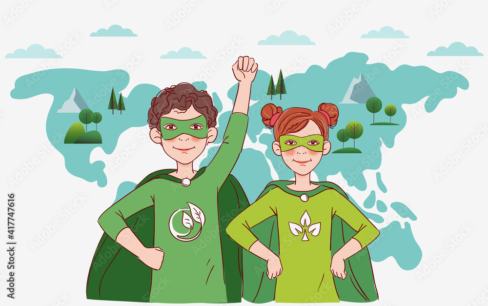 Two cute children super heroes. Protect and save Earth Planet vector ...