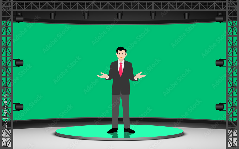broadcaster on the white stand with green screen in lcd background in ...