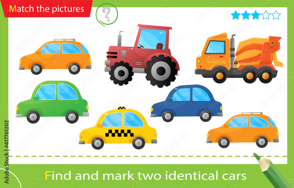 Find and mark two identical items. Puzzle for kids. Matching game ...
