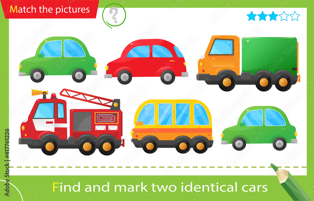 Find and mark two identical items. Puzzle for kids. Matching game ...