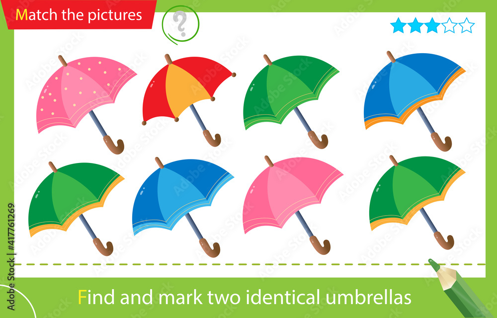 Find and mark two identical items. Puzzle for kids. Matching game ...