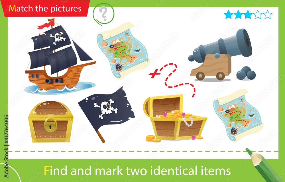 Find and mark two identical items. Puzzle for kids. Matching game ...