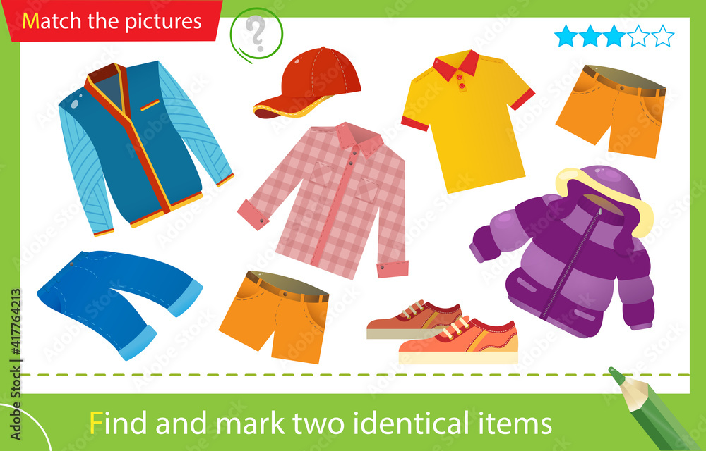 Find and mark two identical items. Puzzle for kids. Matching game ...