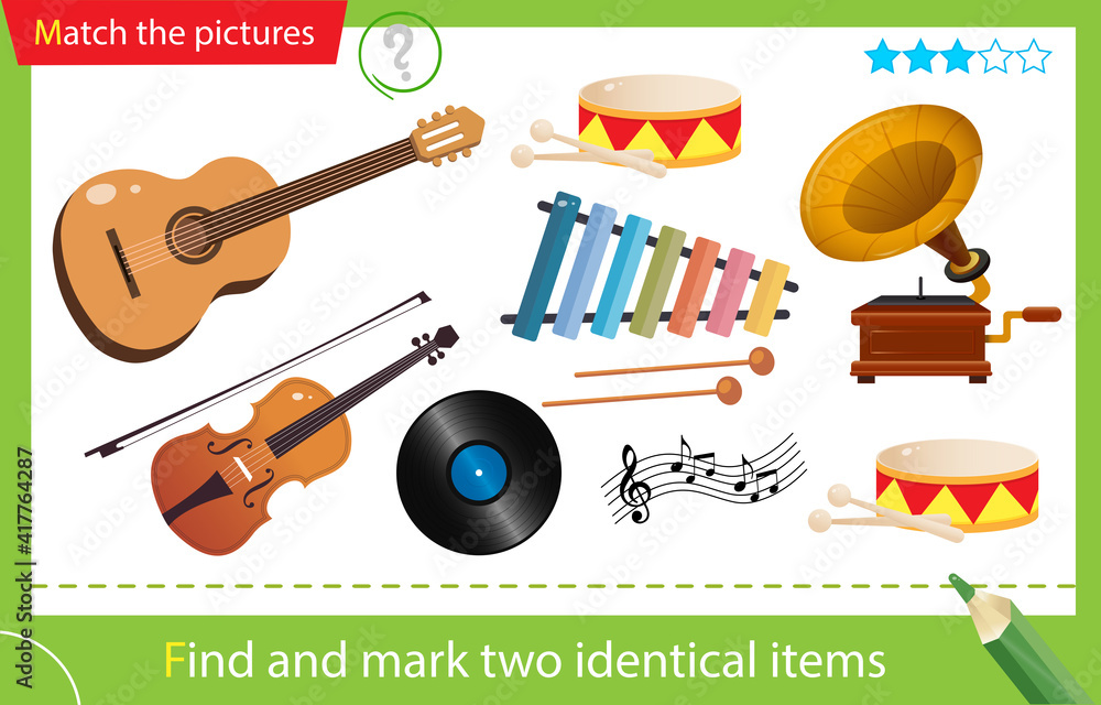 Find and mark two identical items. Puzzle for kids. Matching game ...