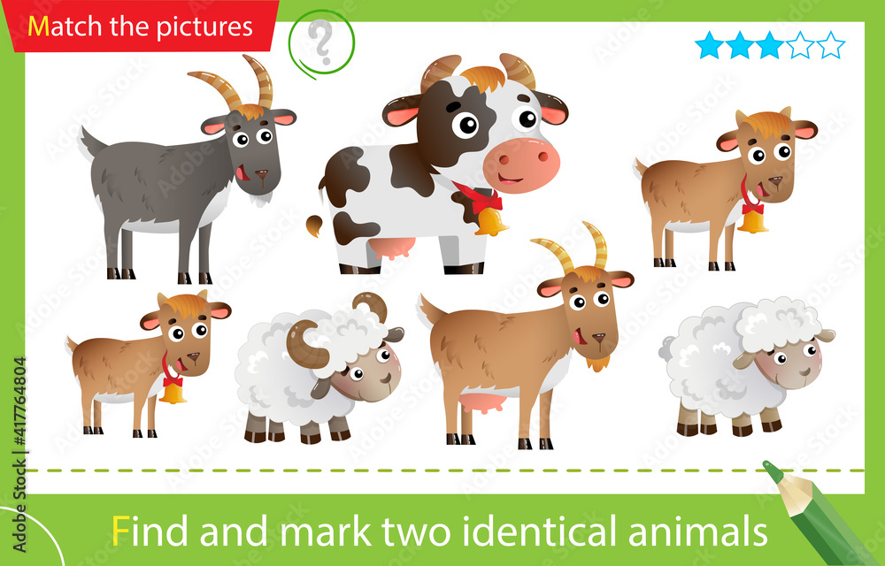 Find and mark two identical animals. Puzzle for kids. Matching game ...