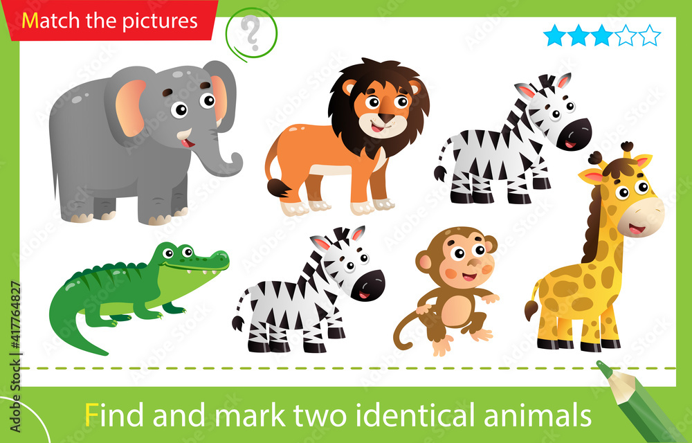 Find and mark two identical animals. Puzzle for kids. Matching game ...