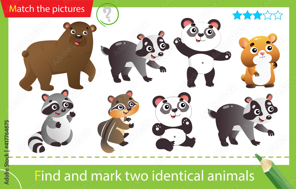 Find and mark two identical animals. Puzzle for kids. Matching game ...