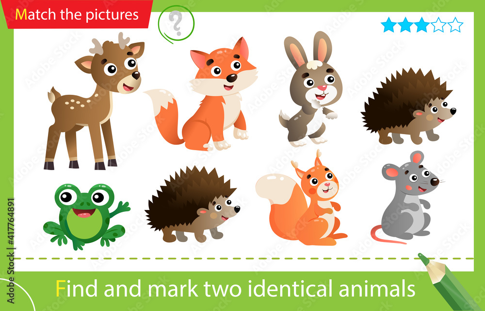Find and mark two identical animals. Puzzle for kids. Matching game ...