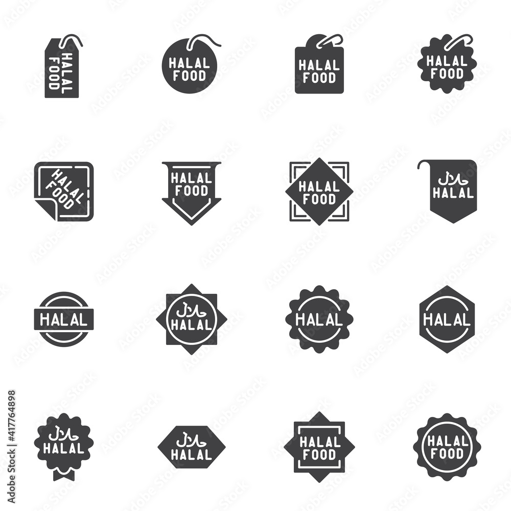 Vetor de Halal food labels vector icons set, modern solid symbol ...