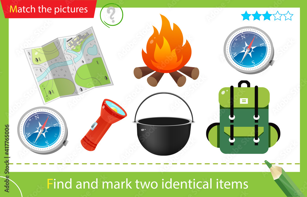 Find and mark two identical items. Puzzle for kids. Matching game ...