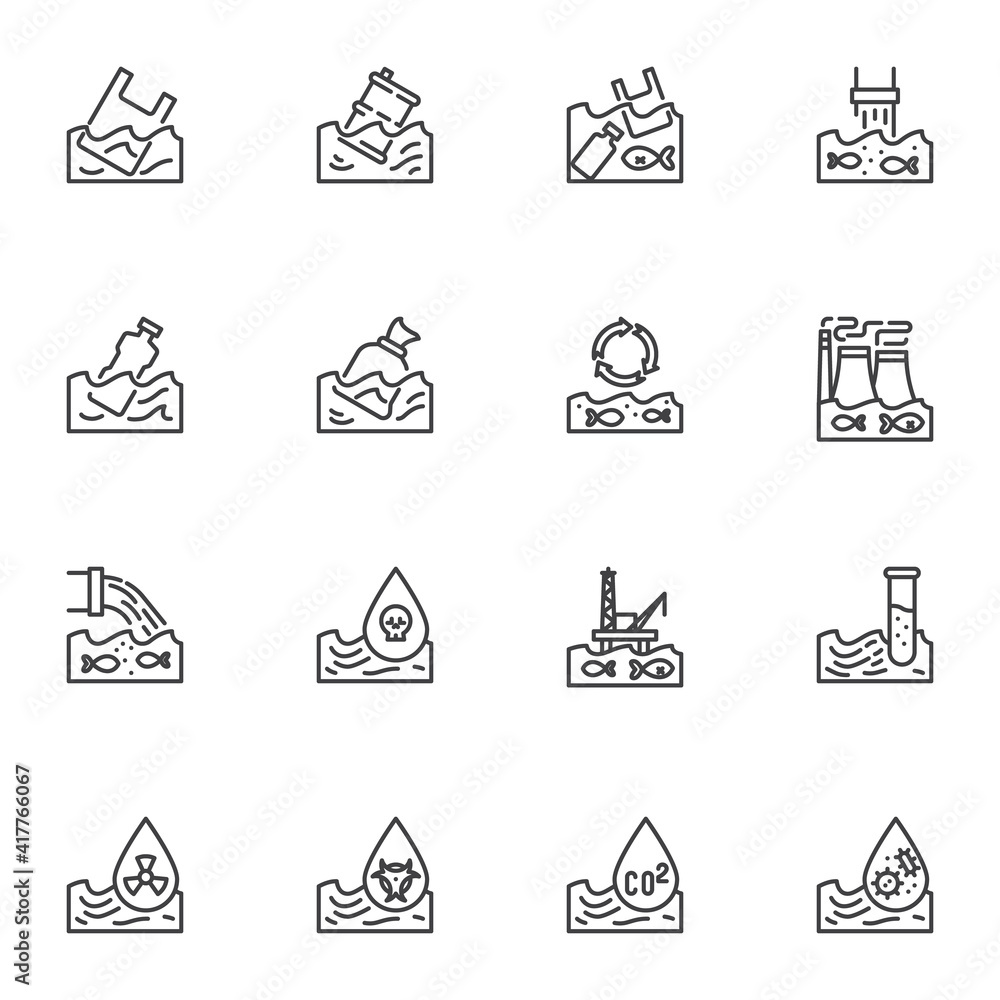 Environmental contaminants line icons set, water pollution outline ...