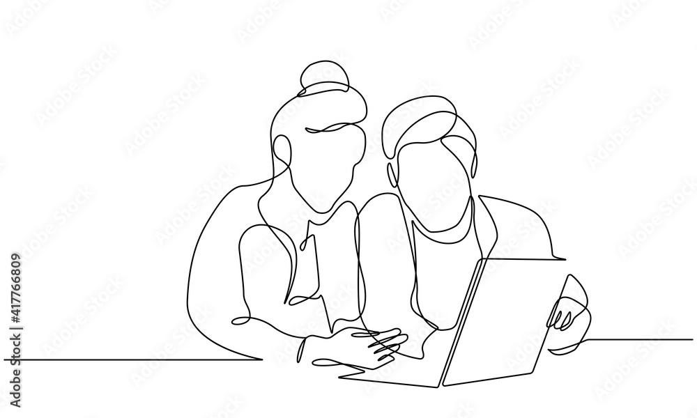 Woman and Man Working Together Line Art Drawing. Coworking Minimalistic ...
