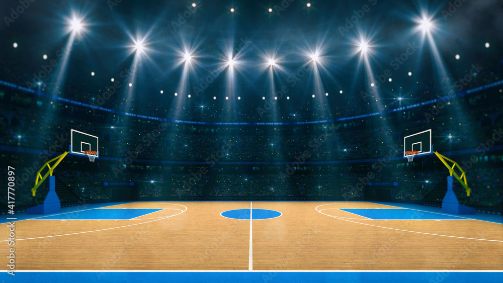 Basketball sport arena. Interior view to wooden floor of basketball ...