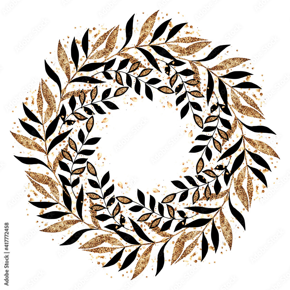 Decorative floral wreath with black and gold branches and leaves ...