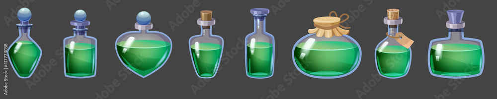 Set of Bottles magic liquid potion fantasy elixir. Game icon GUI for app games user interface ...