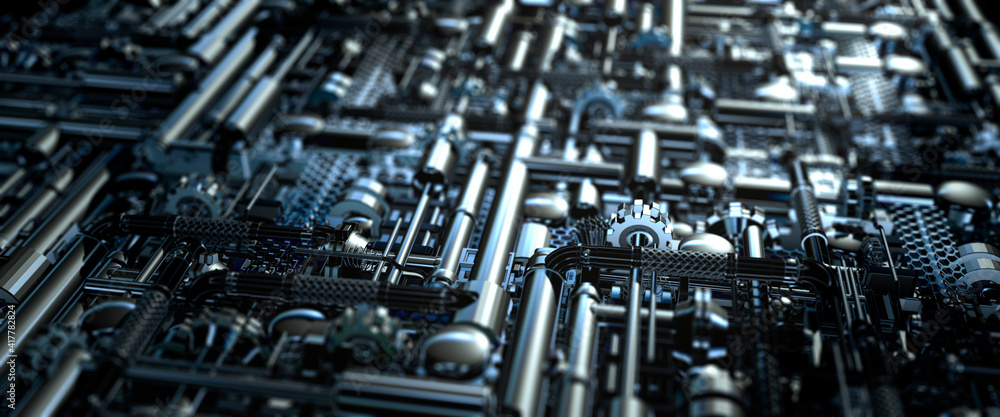 Industrial machinery made from pipes and gears in a science fiction ...