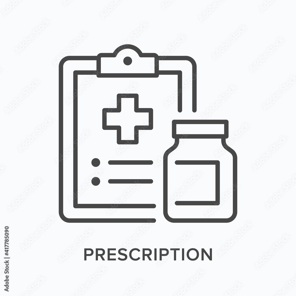 Prescription flat line icon. Vector outline illustration of document ...