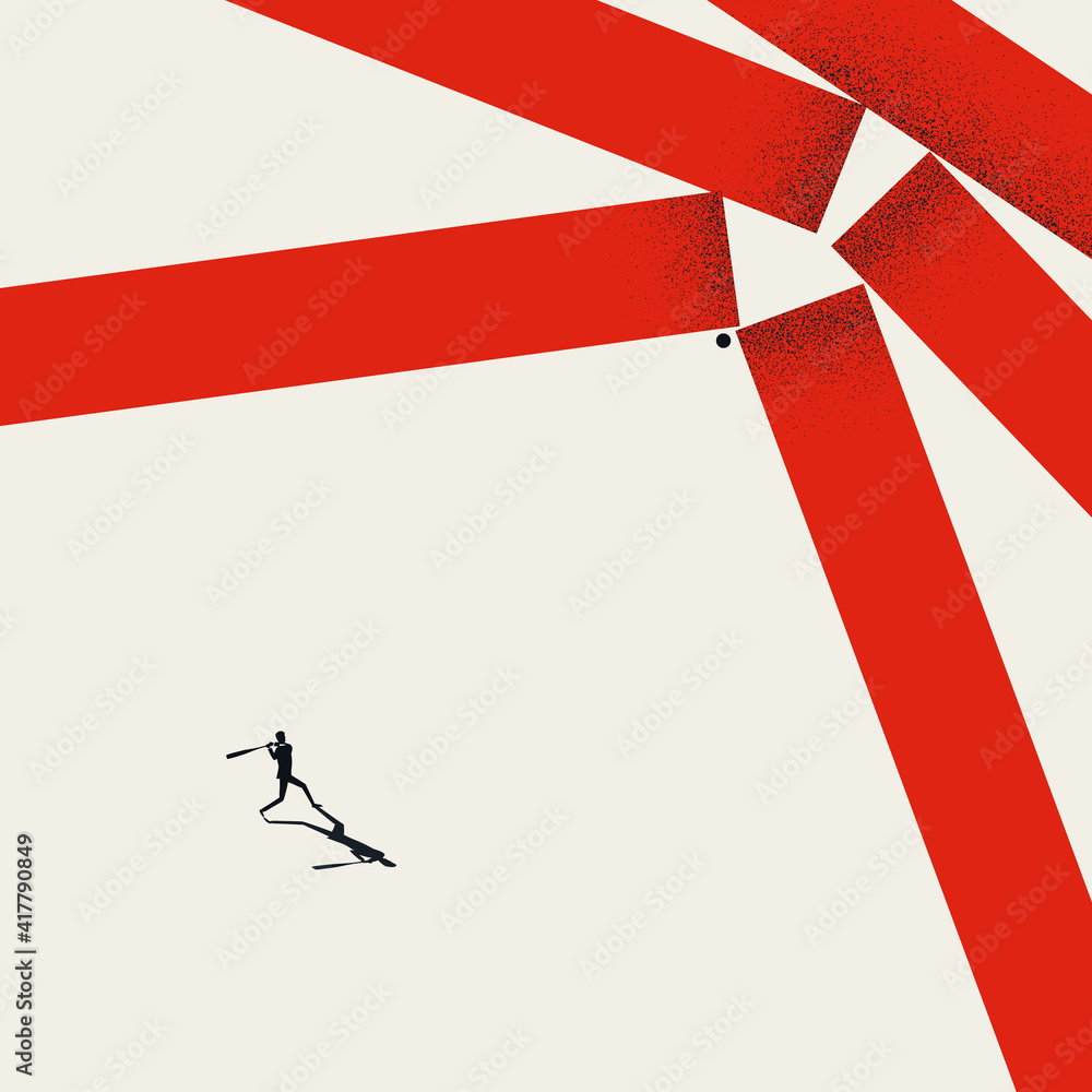 Break barriers, business vector concept. Man hitting walls with ...