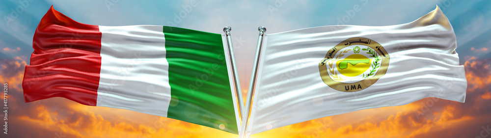 Italy Flag and Arab Maghreb Union Flag waving with texture Blue sky ...