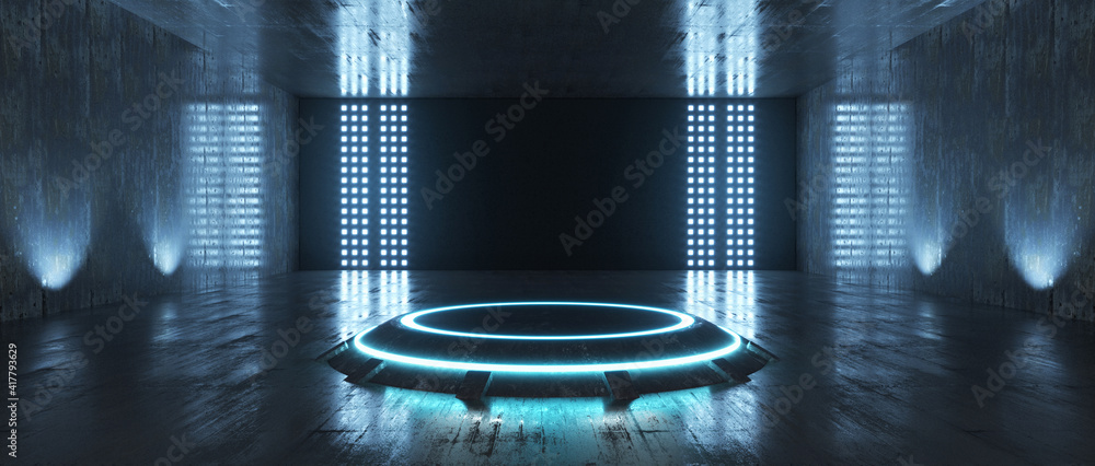 Futuristic Sci Fi Empty Stage neon. 3d rendering Stock Illustration ...
