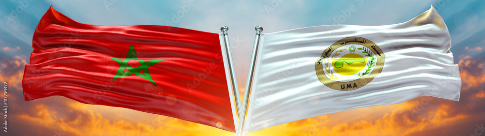 Morocco Flag and Arab Maghreb Union Flag waving with texture Blue sky ...