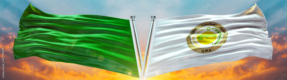 Old Libya Flag and Arab Maghreb Union Flag waving with texture Blue sky ...