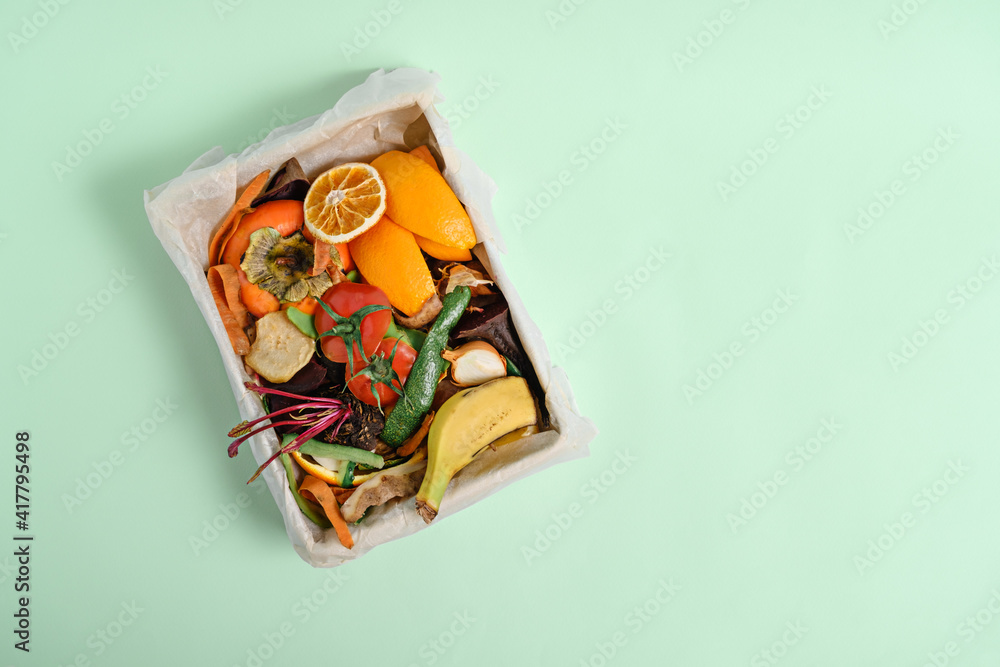 top view vegetable peels in compost bin on green background, compost ...