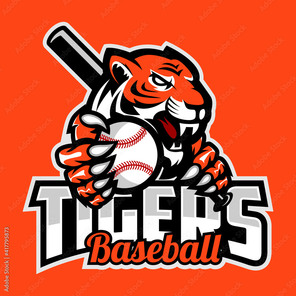 Tigers Baseball team design with head mascot Tiger holding ball and ...