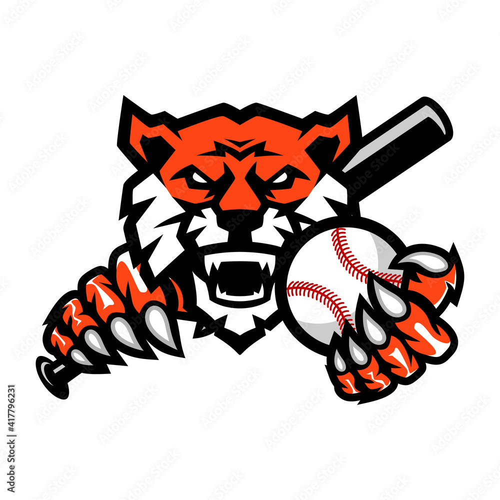 Tigers Baseball team design with head mascot Tiger holding ball and ...