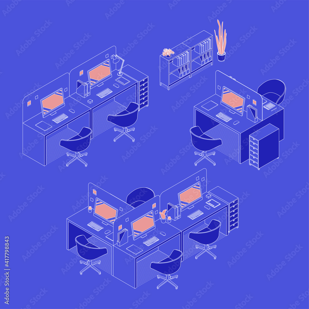 Isometric office interior - desks, conference table, furnitures and ...