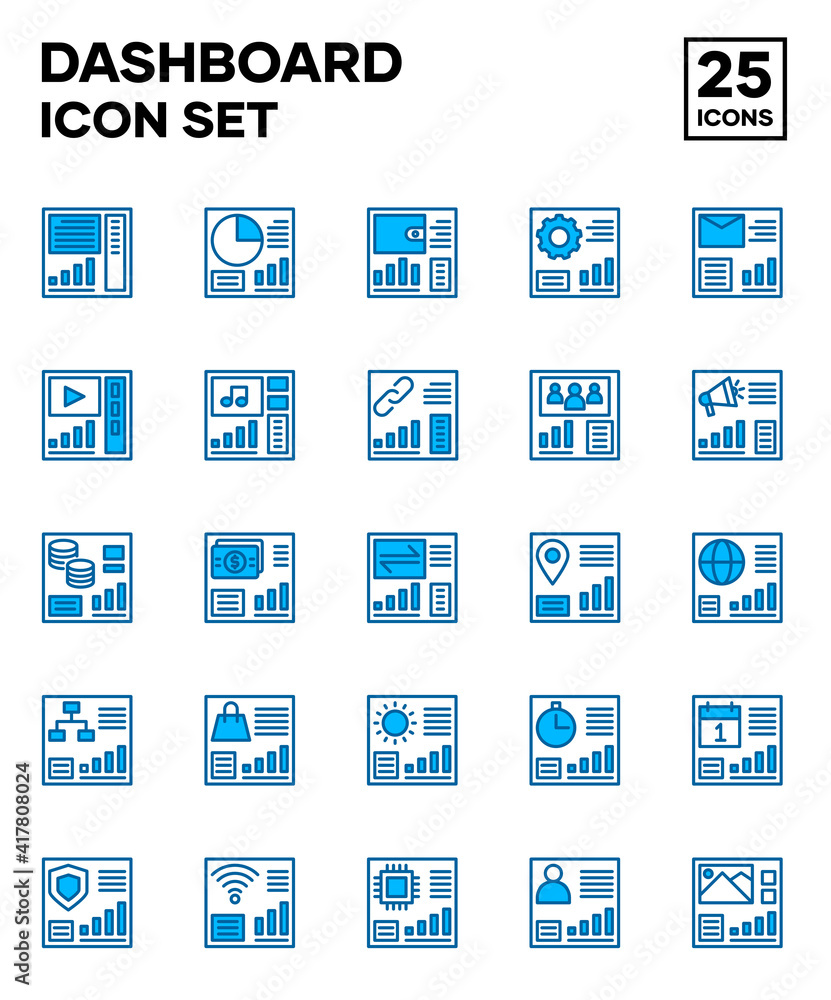 Icon set dashboard layout with blue line style. Including statistics ...