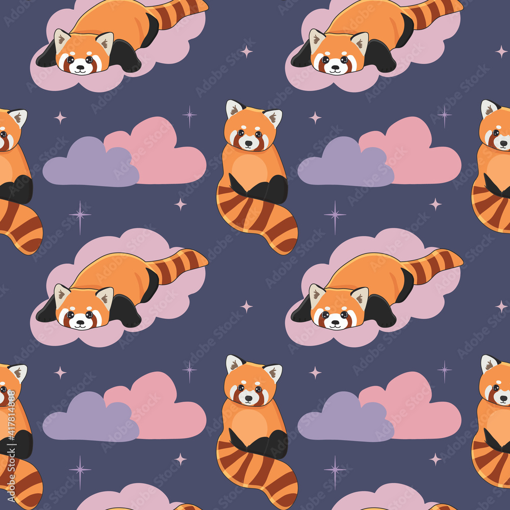 Seamless childish pattern with cute red panda, clouds, stars. Baby ...