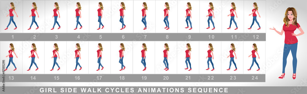 Girl Character side Walk Cycle Animation Sequence. Frame by frame ...