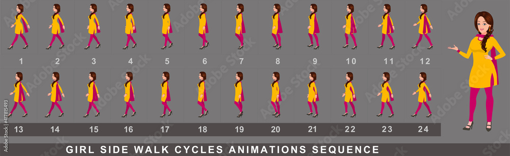 Girl Character side Walk Cycle Animation Sequence. Frame by frame ...