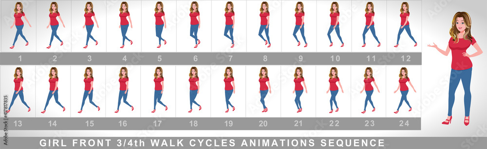 Girl Character Front Walk Cycle Animation Sequence. Frame by frame ...